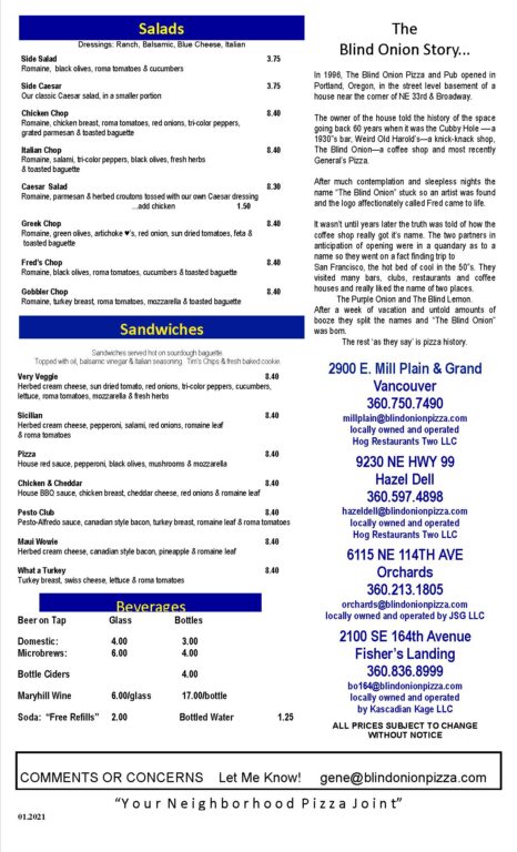Blind Onion Pizza Menu